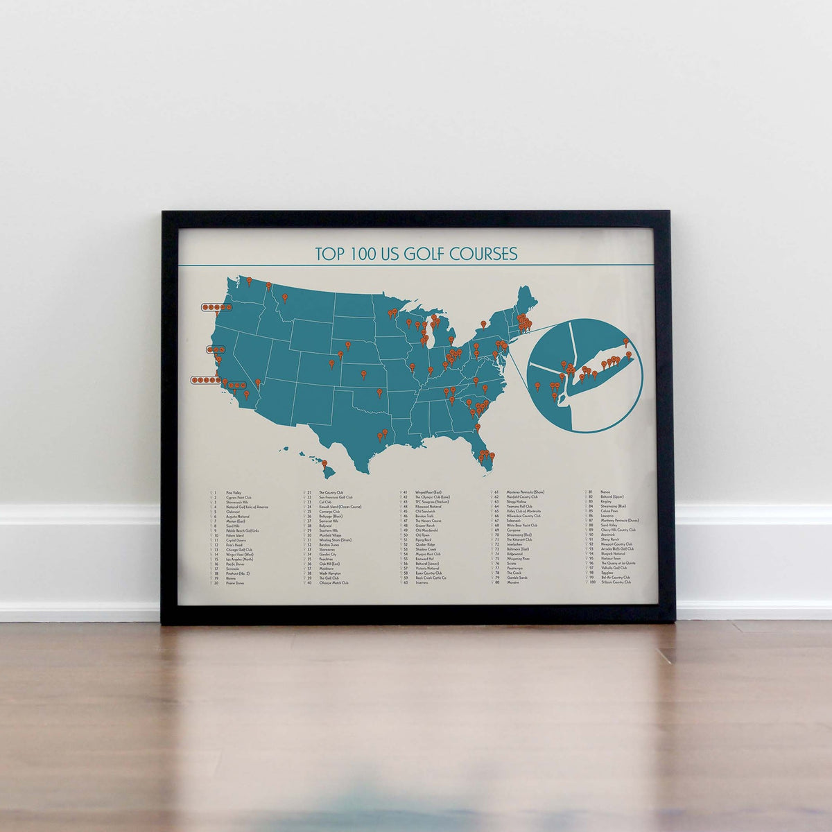 Top 100 US Golf Courses Checklist Map - Golf Art - Minimalist Golf Prints