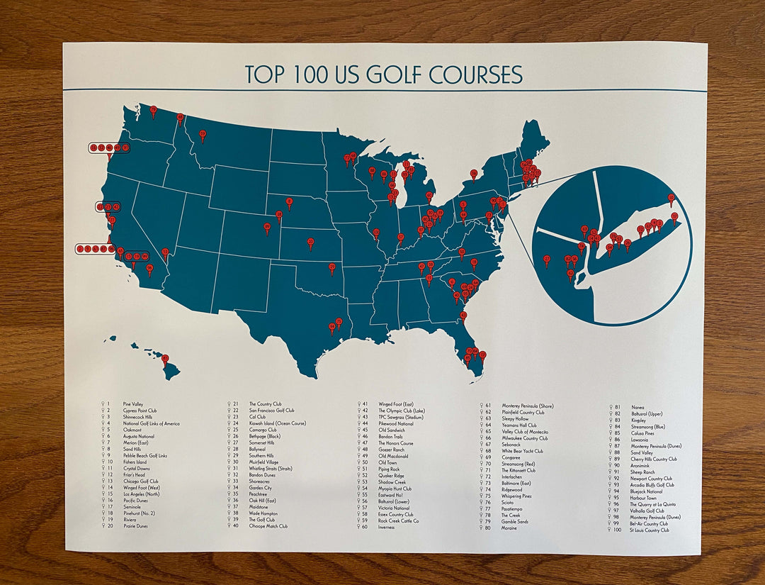 Top 100 US Golf Courses Checklist Map - Golf Art - Minimalist Golf Prints