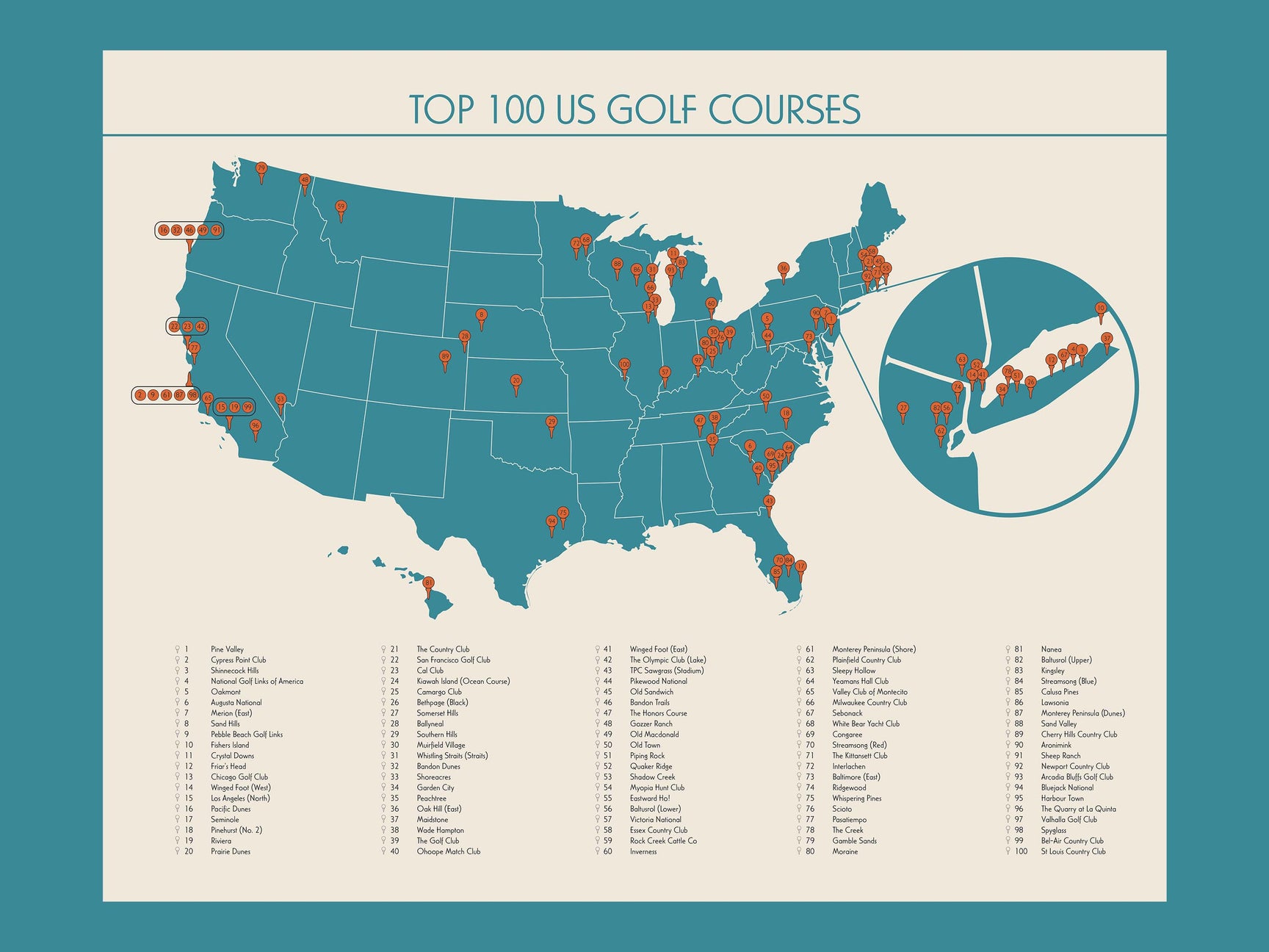 Top 100 US Golf Courses Checklist Map - Golf Art - Minimalist Golf Prints